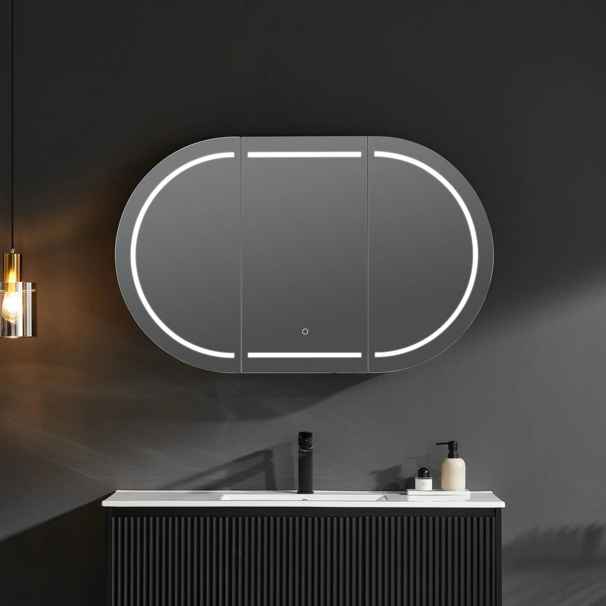 Olivia Pill Oval LED Light Shaving Cabinet Matte Black 1500*800*155mm – RJ Bathroom