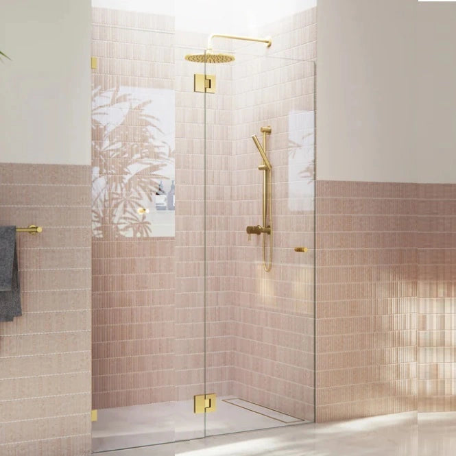 Frameless Brushed Gold Wall to Wall Pivot Door Shower Screen – RJ Bathroom